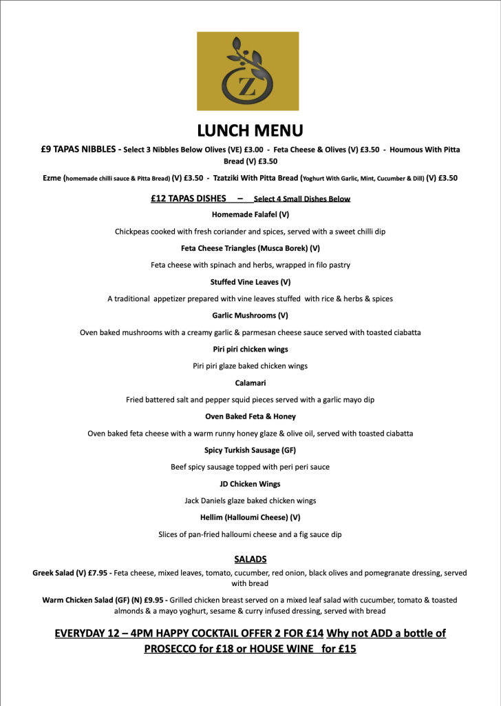 Lunch Menu - Zeytin