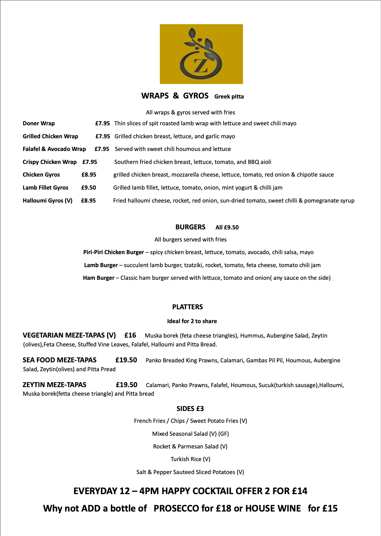 Lunch Menu - Zeytin