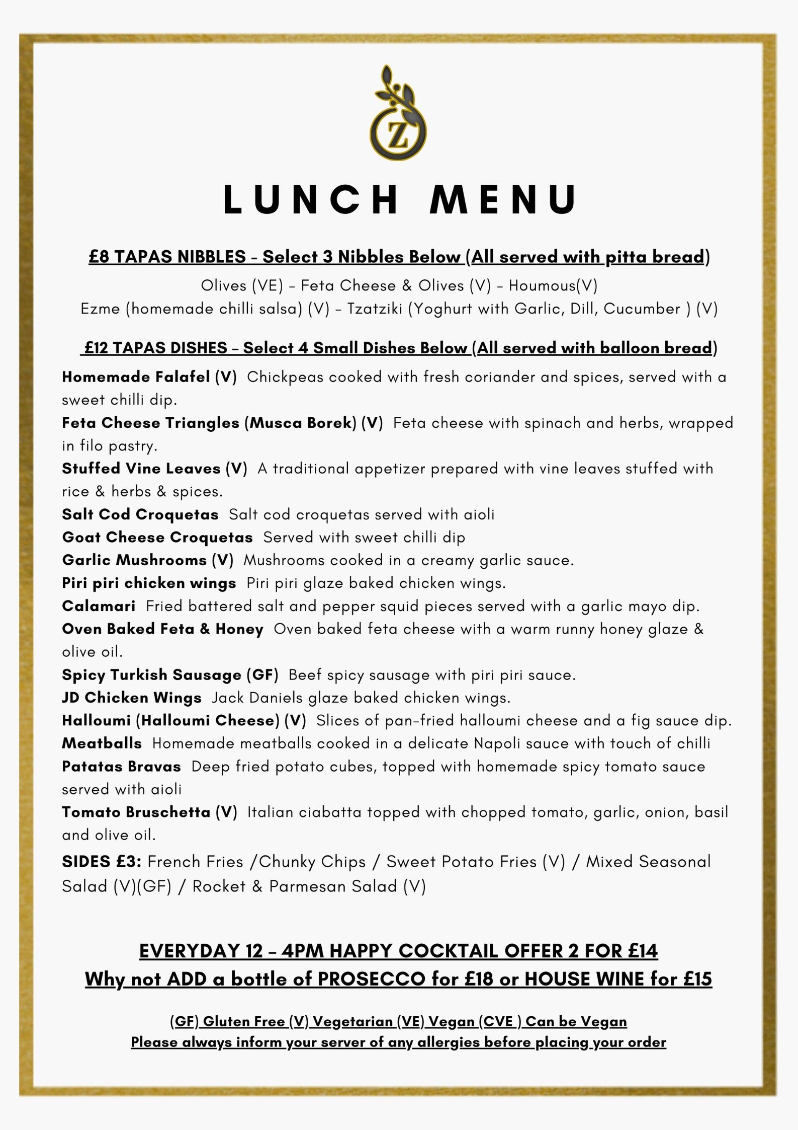 Lunch Menu – Zeytin
